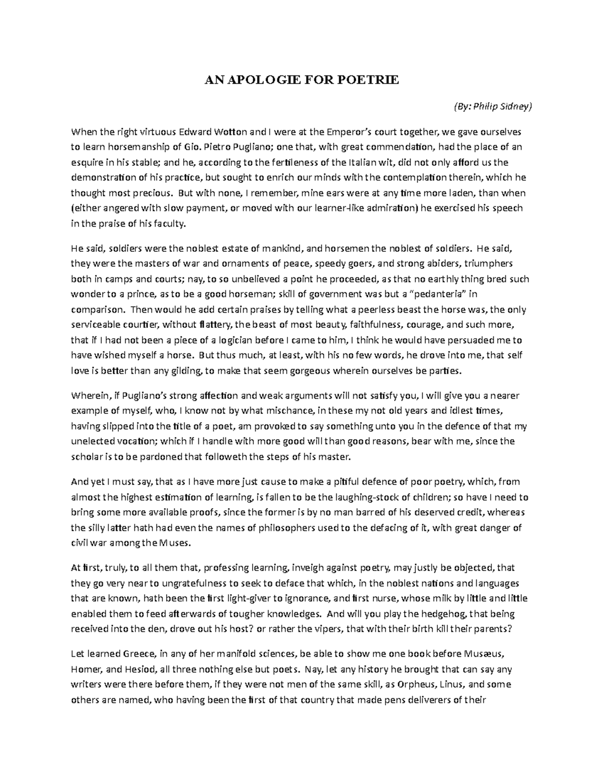 An Apology for Poetry by Philip Sidney - AN APOLOGIE FOR POETRIE (By ...