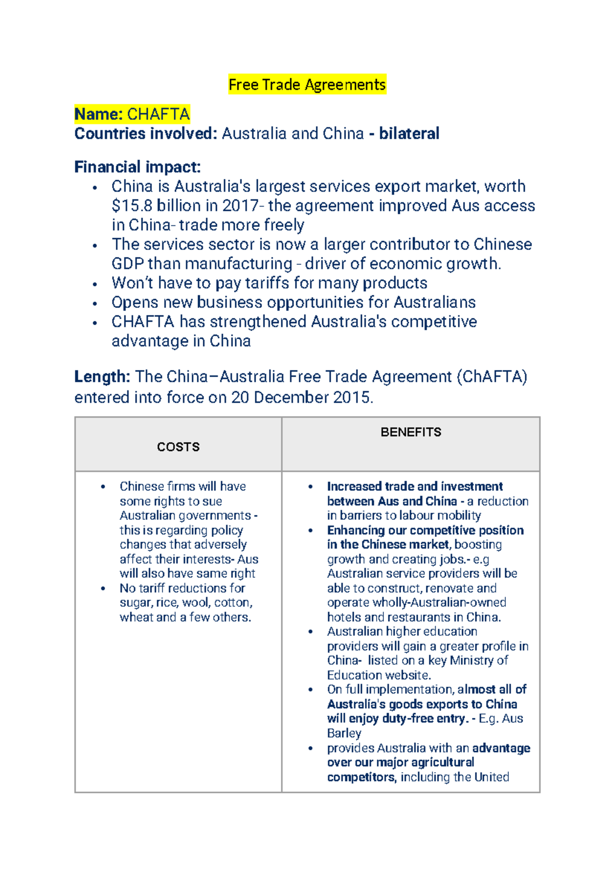 Free Trade Agreements - FTA - Free Trade Agreements Name: CHAFTA ...