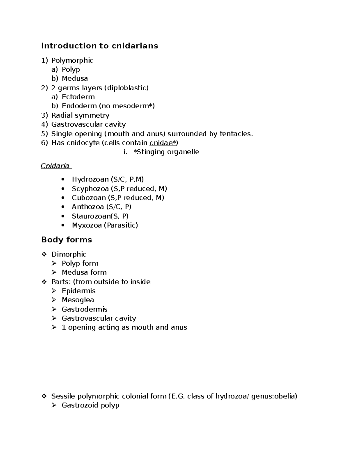 Cnidarians Lecture Notes Short Summary Introduction To Cnidarians 1 Polymorphic A Polyp 