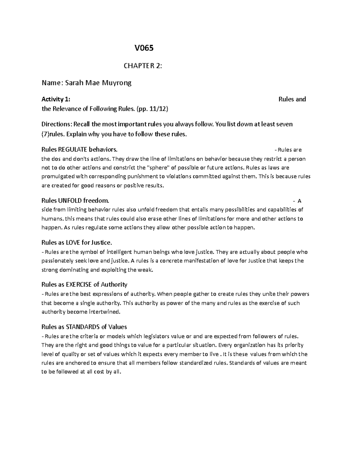 Ethics Chapter 2 act - V CHAPTER 2: Name: Sarah Mae Muyrong Activity 1 ...