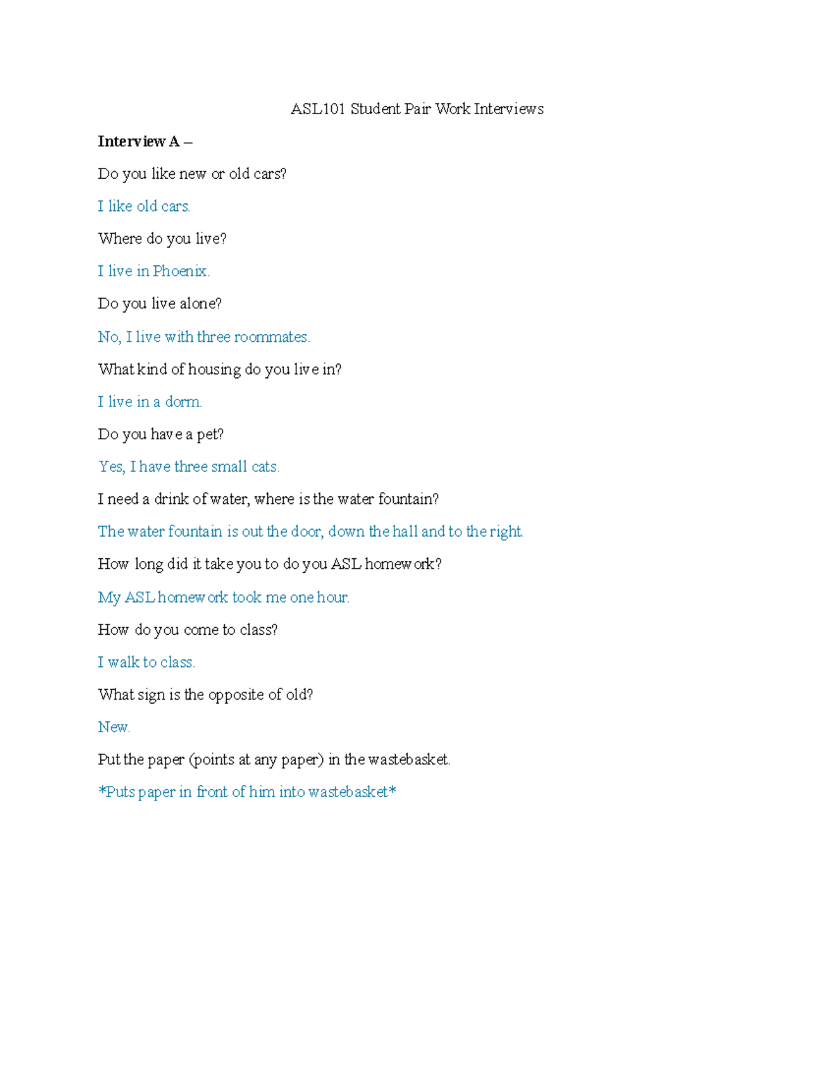 ASL101 Student Pair Work Interviews - ASL101 Student Pair Work ...