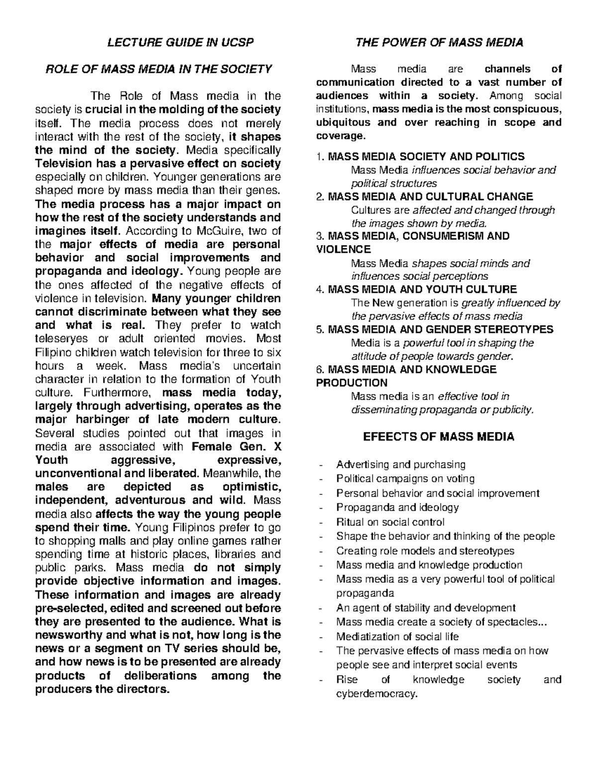 UCSP - Lecture notes (Mass Media) - LECTURE GUIDE IN UCSP ROLE OF MASS ...