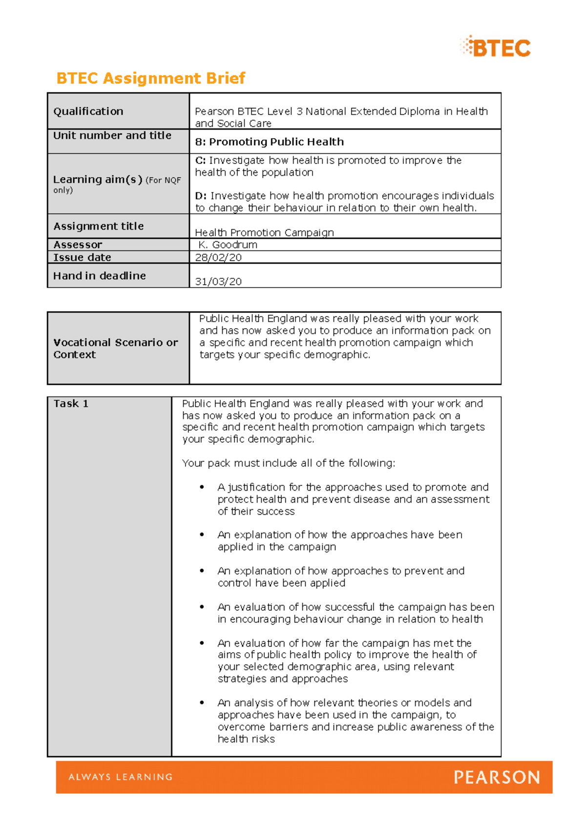 Unit 8 sa 2 - BTEC Assignment Brief Qualification Pearson BTEC Level 3 National Extended Diploma ...