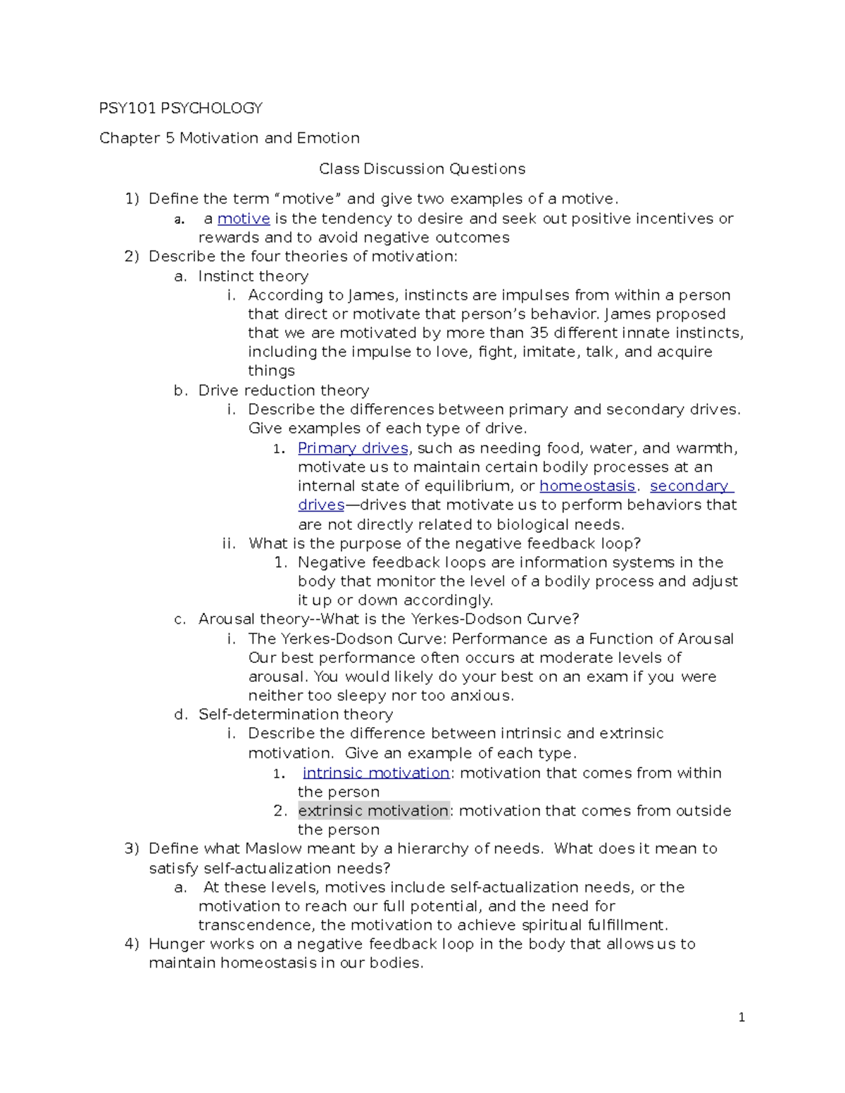 Chapter 5 Motivation and Emotion Discussion Questions - PSY101 - Studocu
