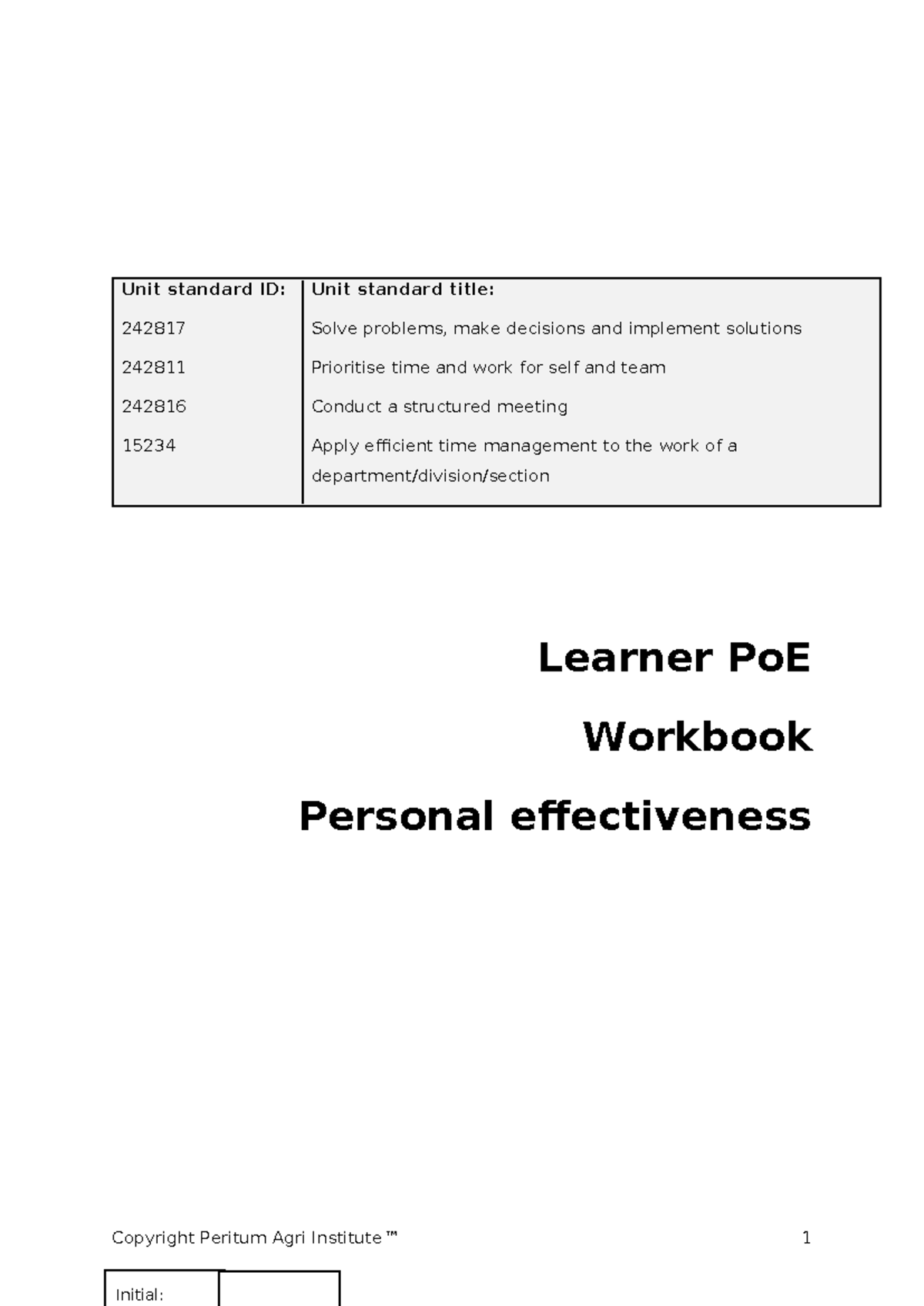 LMS POE personal effectivenes - Peritum - Initial: Unit standard ID ...