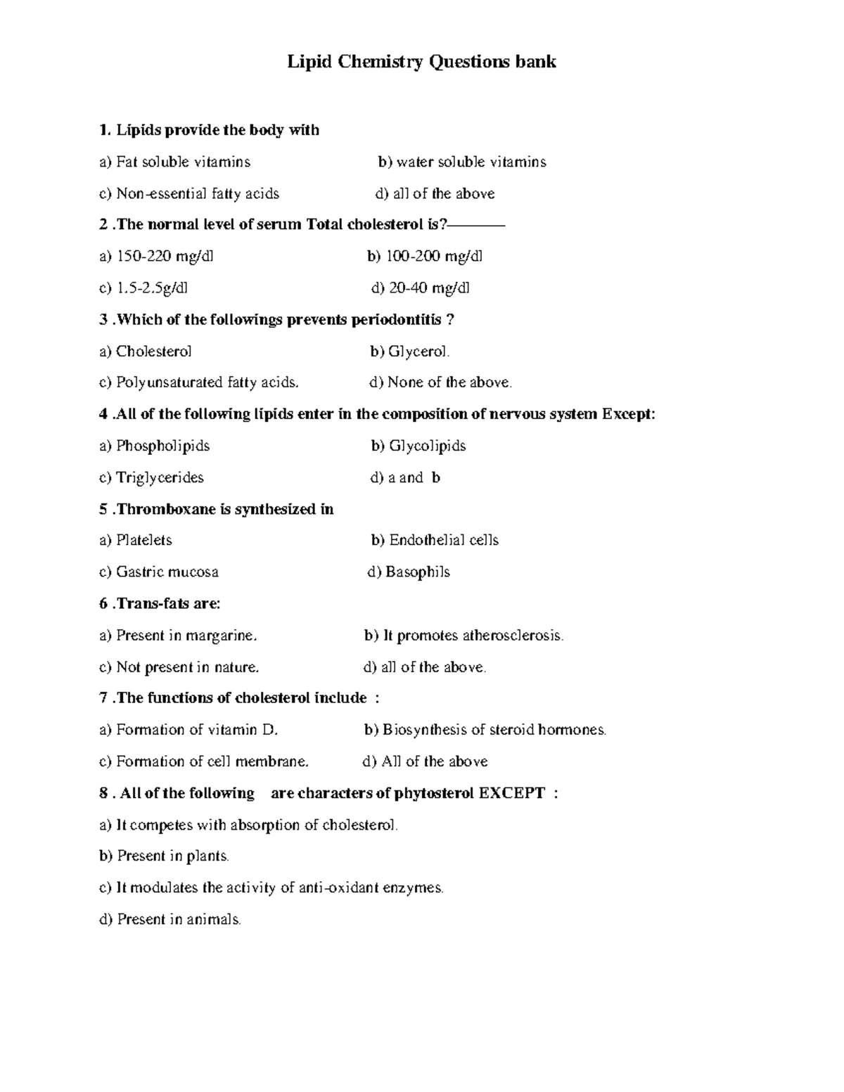Lipid Chemistry Questions bank - Lipid Chemistry Questions bank Lipids ...