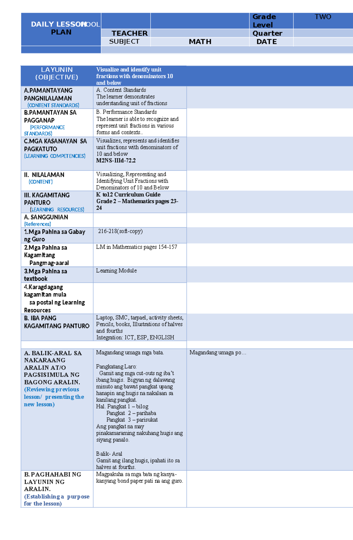 DLP MATH 2 - DAILY LESSON PLAN SCHOOL Grade Level TWO TEACHER Quarter ...