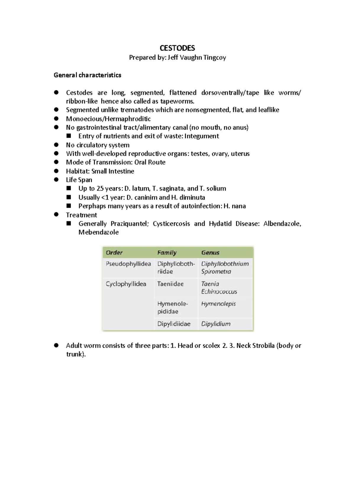 Cestodes - Notes - CESTODES Prepared by: Jeff Vaughn Tingcoy General ...