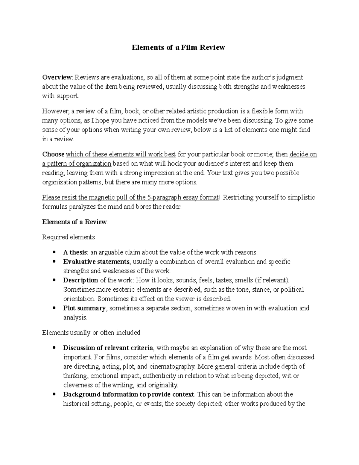 Elements of a Film Review - Elements of a Film Review Overview: Reviews ...