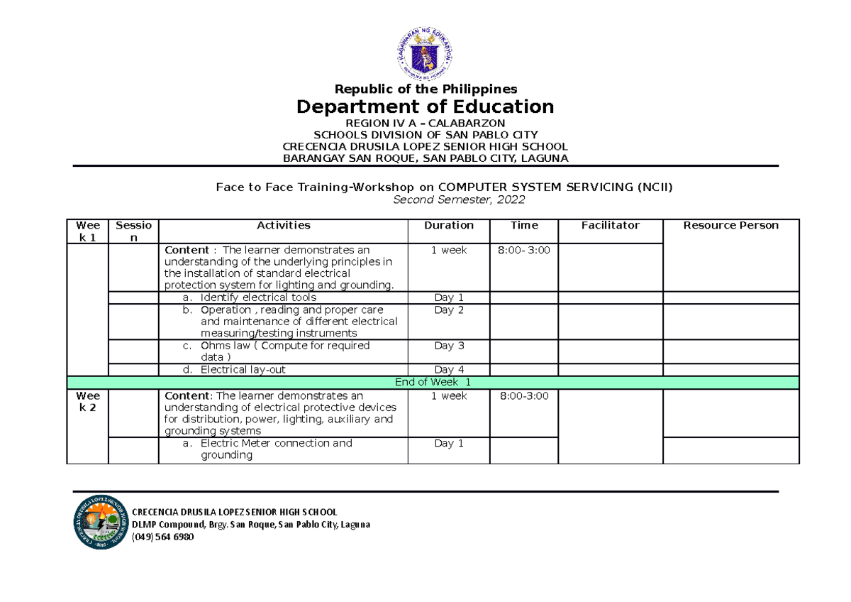 Training Matrix ALS Electrical Installation AND Maintenance ...