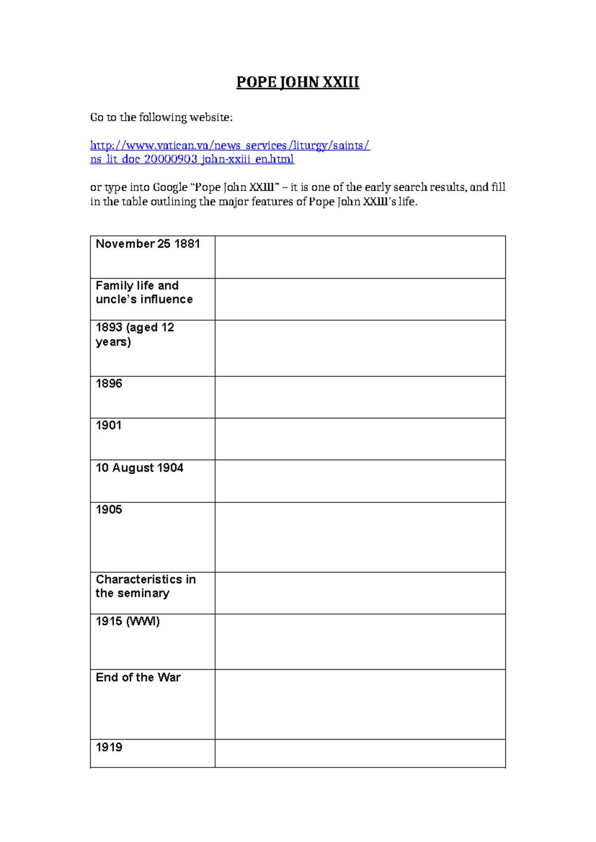 Pope-john-table-timeline - POPE JOHN XXIII Go to the following website ...