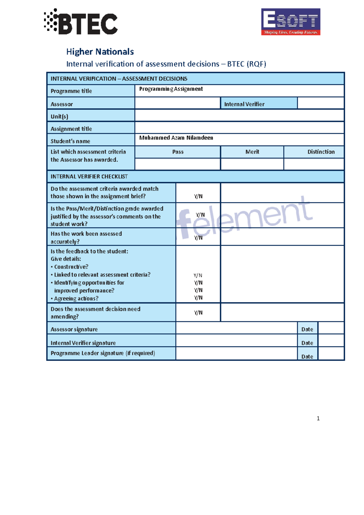 Azam Programming - Merit - 1 Higher Nationals Internal verification of assessment decisions ...