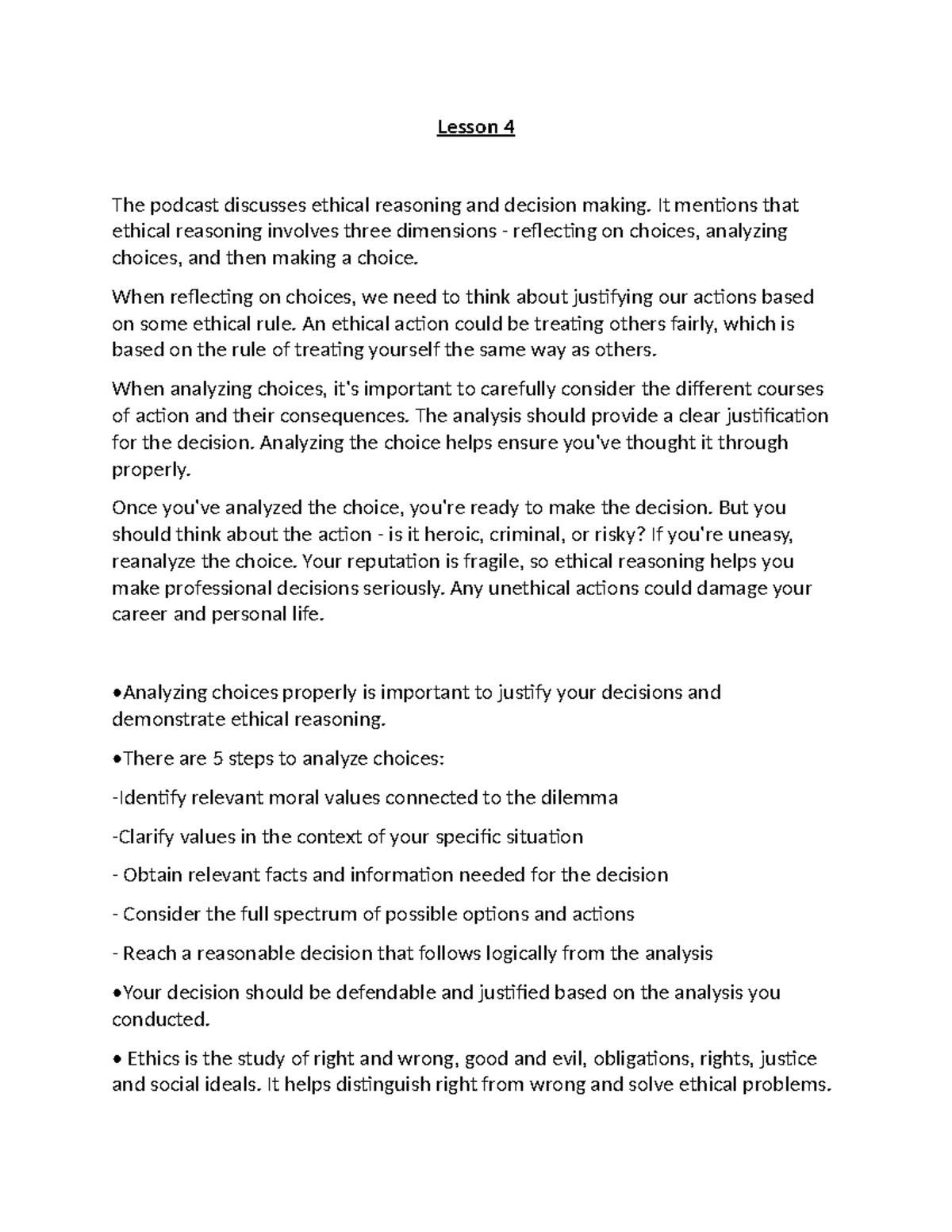 Engr 201 summary quiz 2 - quiz 2 transcript summaries - Lesson 4 The podcast discusses ethical ...