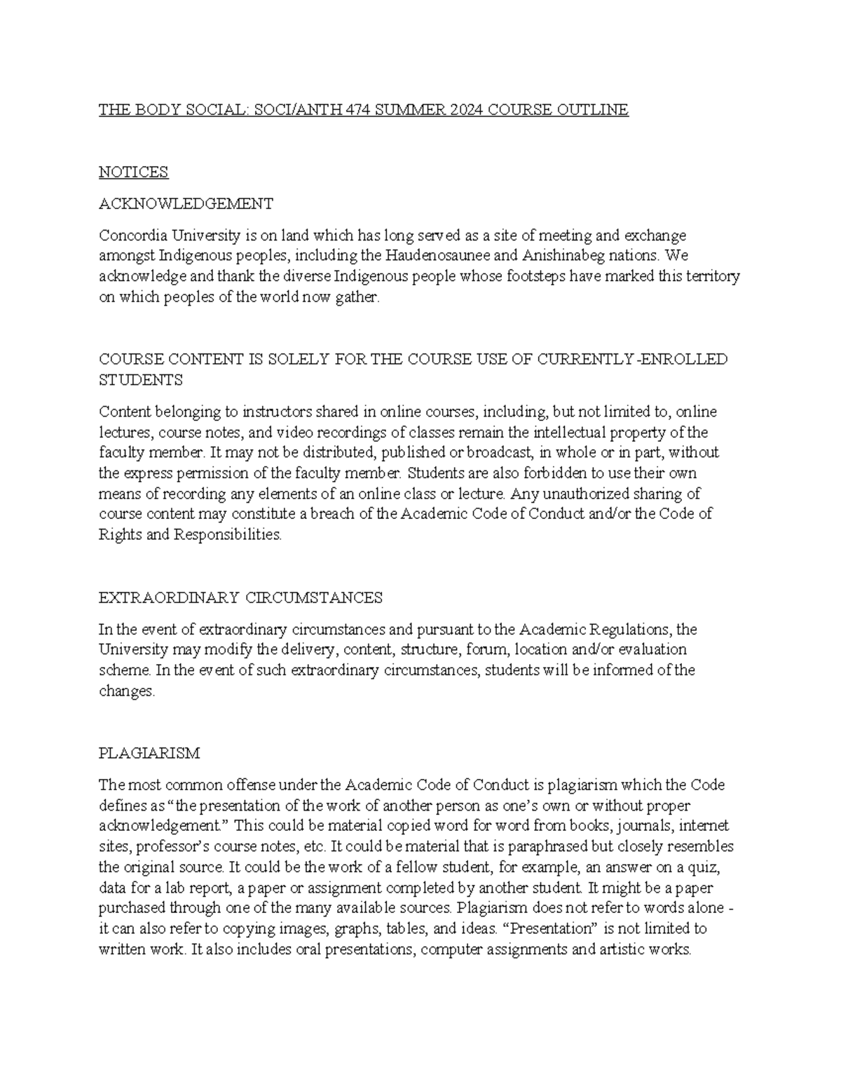 Outline - Summary Introduction to Culture - THE BODY SOCIAL: SOCI/ANTH 474 SUMMER 2024 COURSE ...