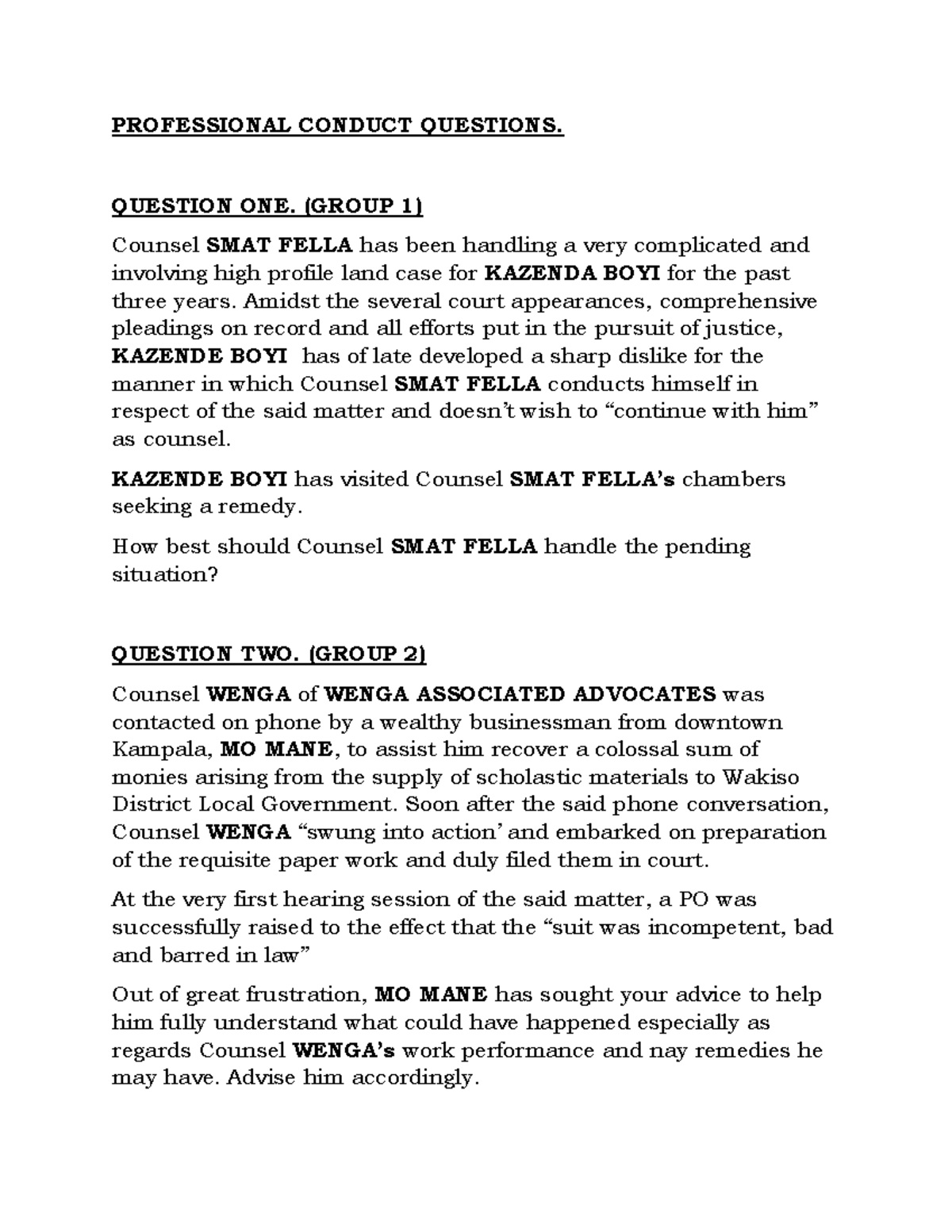 Professional Conduct Questions 1 - PROFESSIONAL CONDUCT QUESTIONS ...