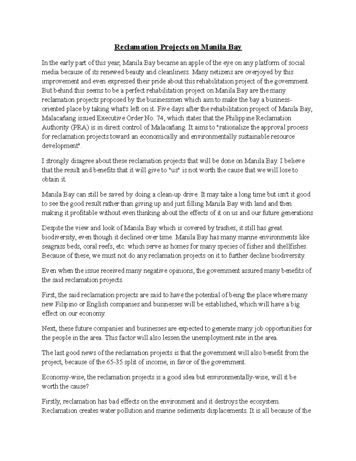 Position Paper about Reclamation Projects on Manila Bay - Reclamation ...