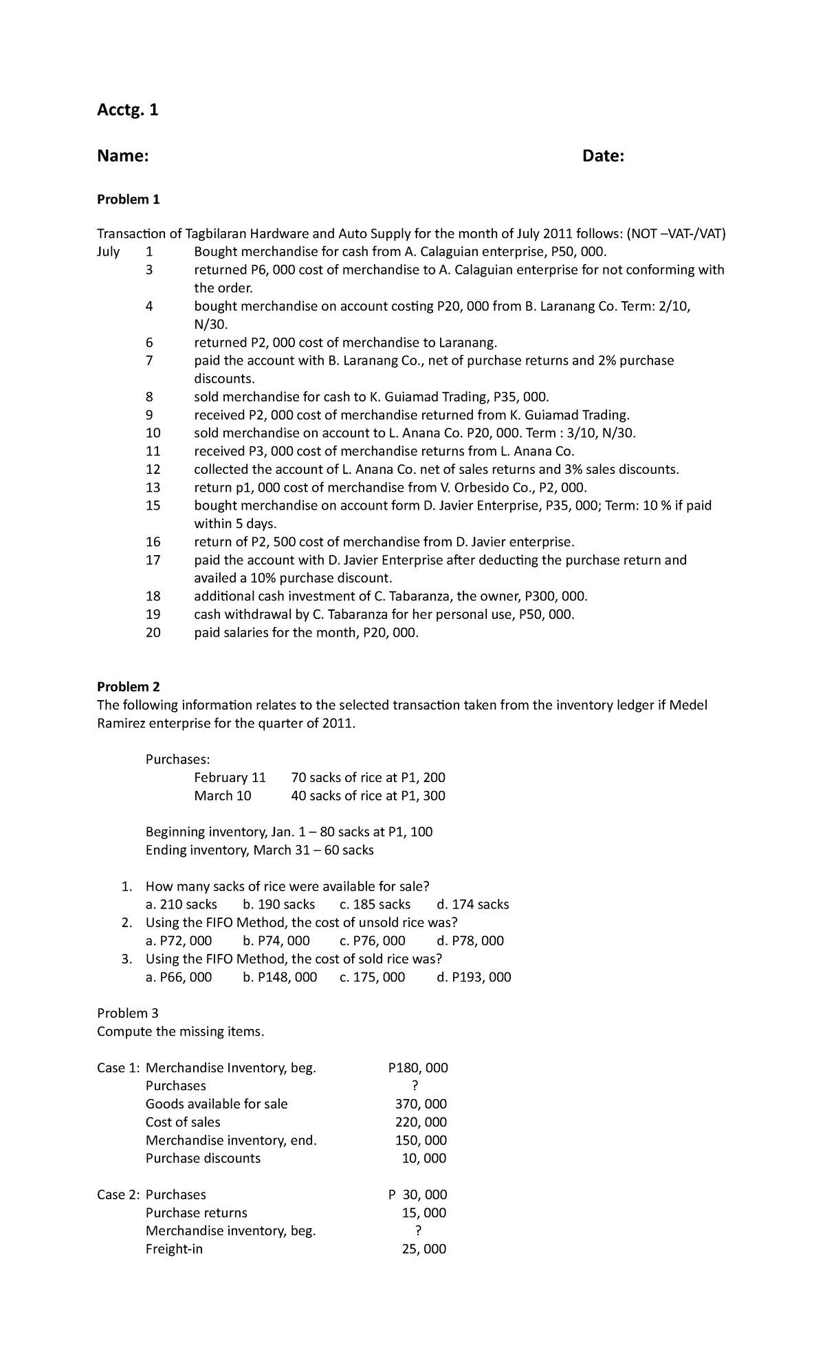 Accounting 1 quiz - Quiz for journal entries and inventories - Acctg. 1 ...