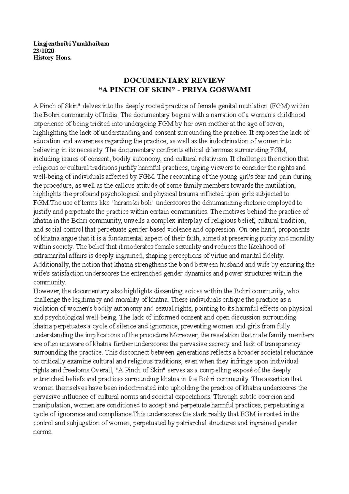 A pinch of skin documentary review - Lingjenthoibi Yumkhaibam 23 ...