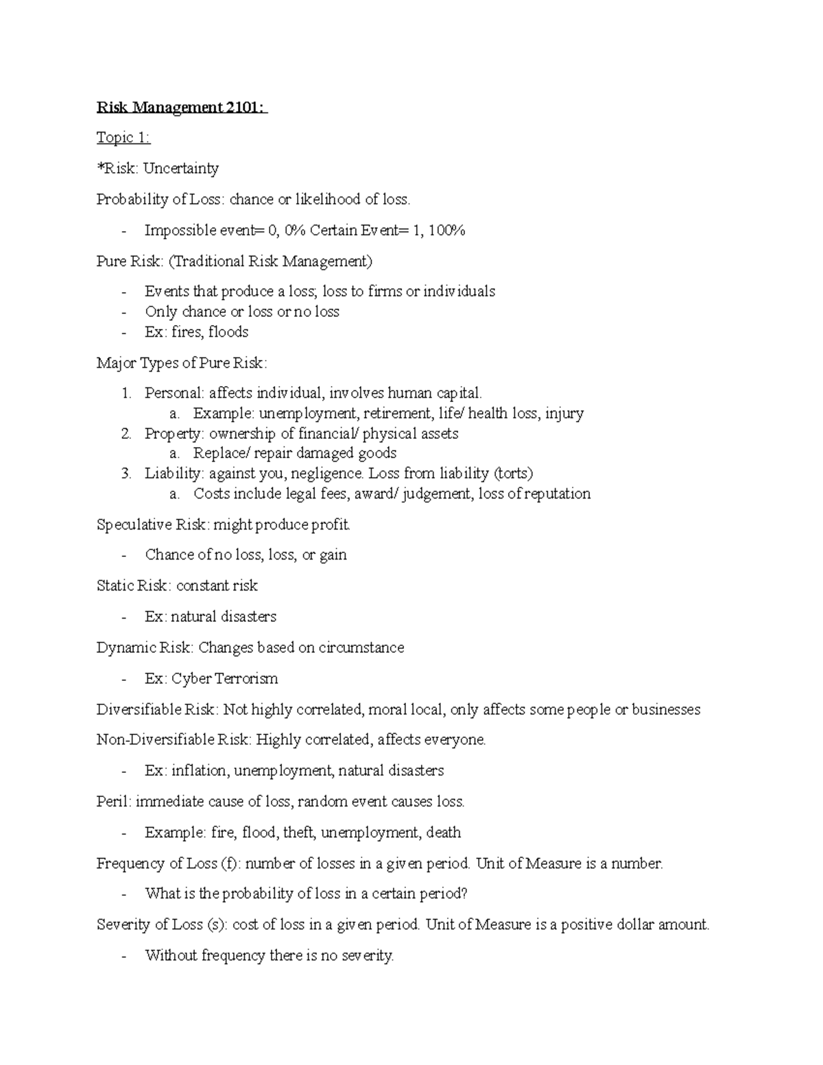 Risk Management 2101- Notes - Risk Management 2101: Topic 1: *Risk ...