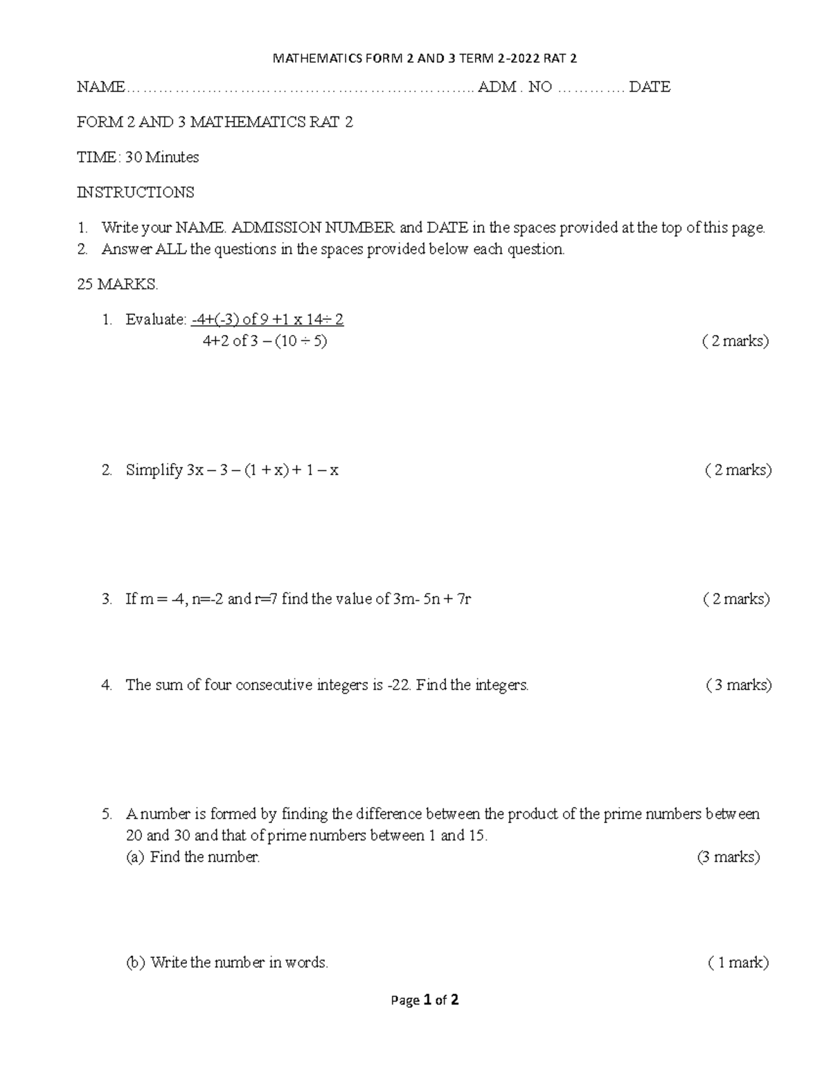 Maths RAT 2 - notes detailwed - MATHEMATICS FORM 2 AND 3 TERM 2-2022 ...