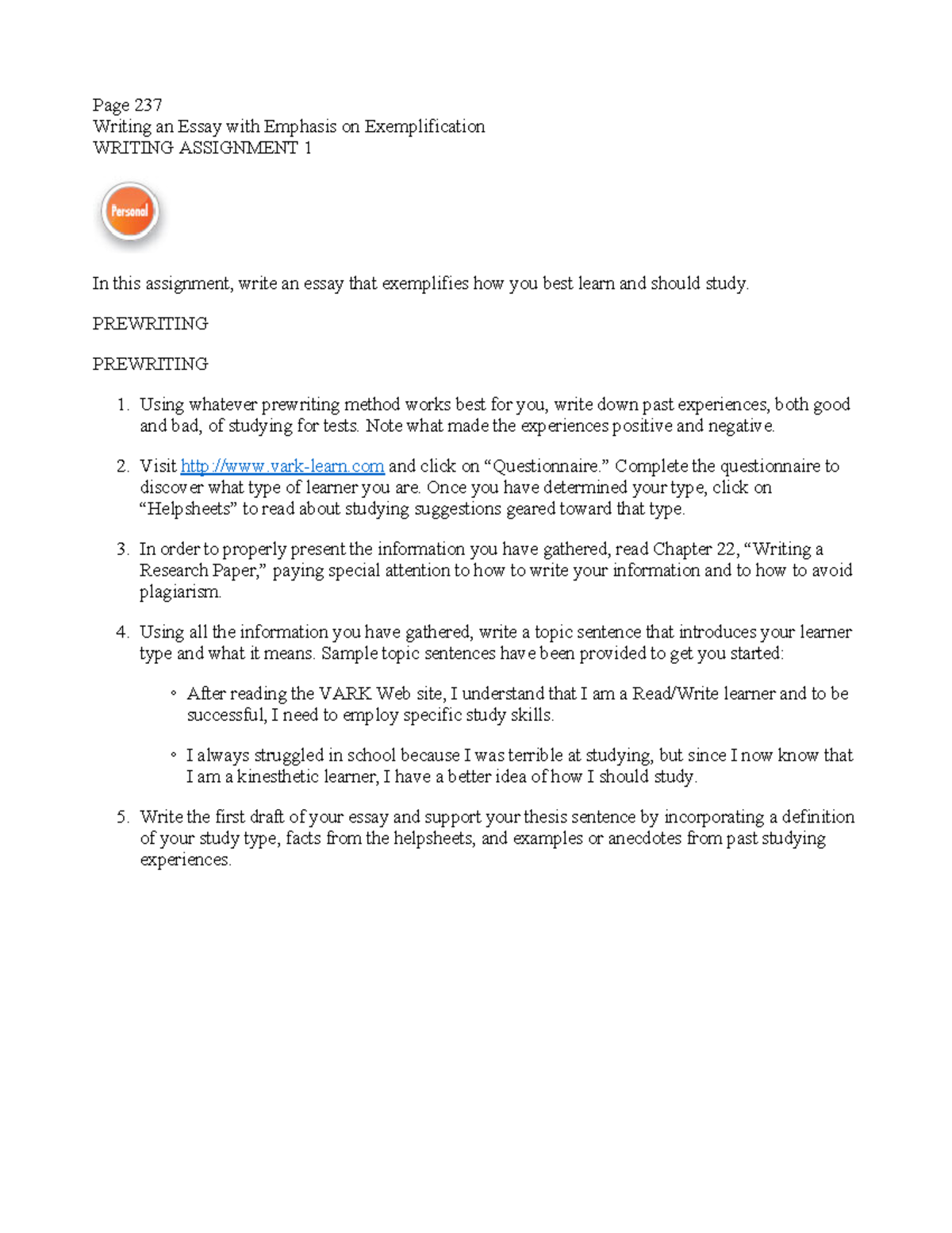 Writing an Essay with Emphasis on Exemplification - Page 237 Writing an ...