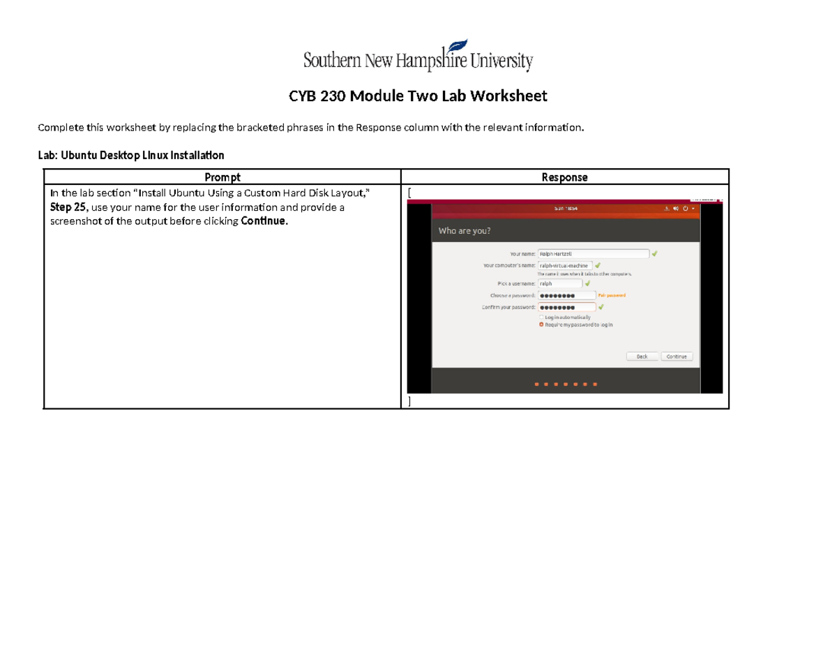 CYB 230 Module Two Lab Worksheet - CYB 230 Module Two Lab Worksheet Complete this worksheet by ...