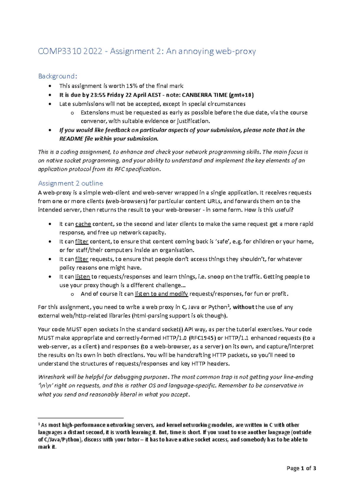 3310 assignment 2 - 2022 - Page 1 of 3 COMP3310 2022 - Assignment 2: An annoying web-proxy - Studocu