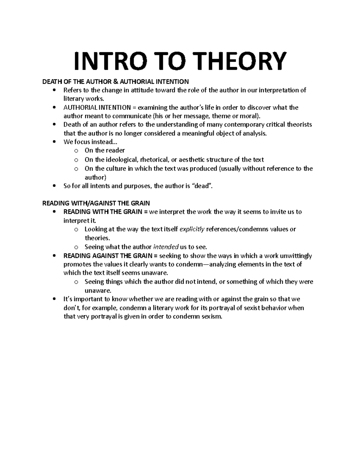 Introduction to Theory - INTRO TO THEORY DEATH OF THE AUTHOR ...