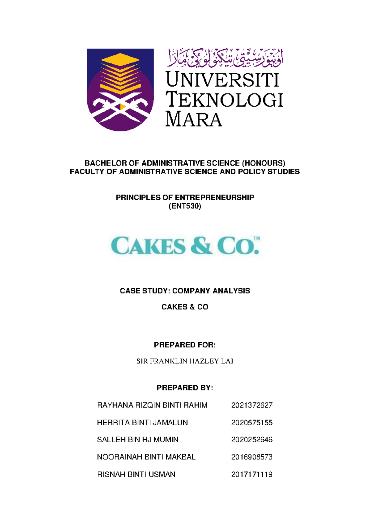 ENT530 - SAMA4A - CASE Study Report - BACHELOR OF ADMINISTRATIVE ...