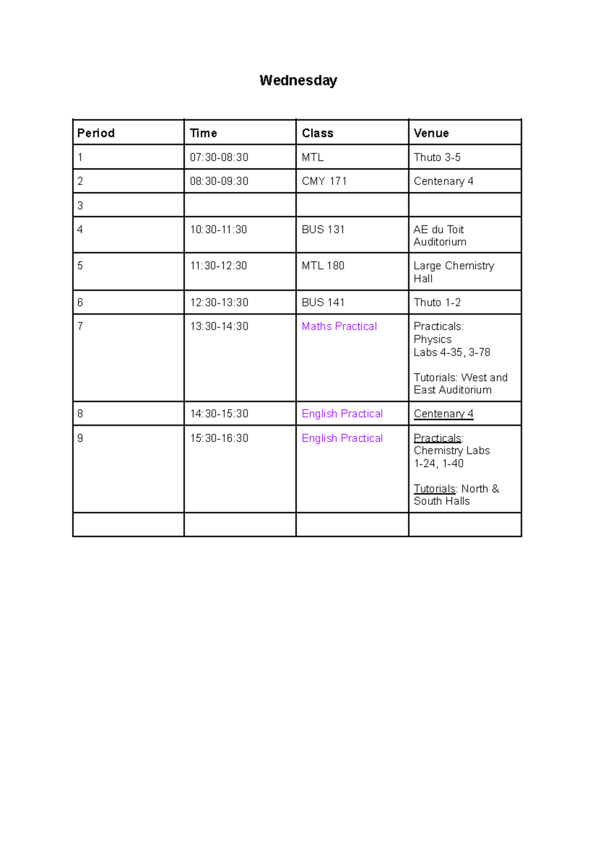 Wednesday timetable - Wednesday Period Time Class Venue 1 07:30-08:30 ...