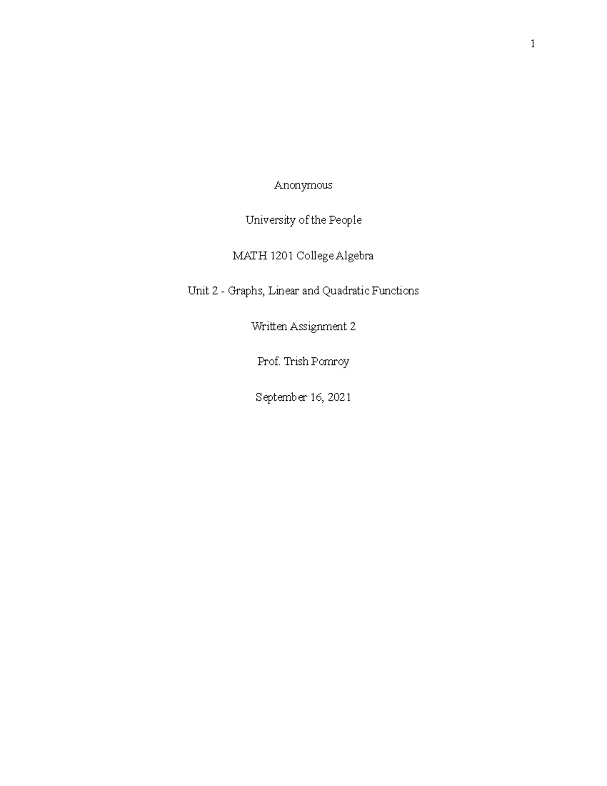 MATH 1201 - Written 2 - Anonymous University of the People MATH 1201 ...