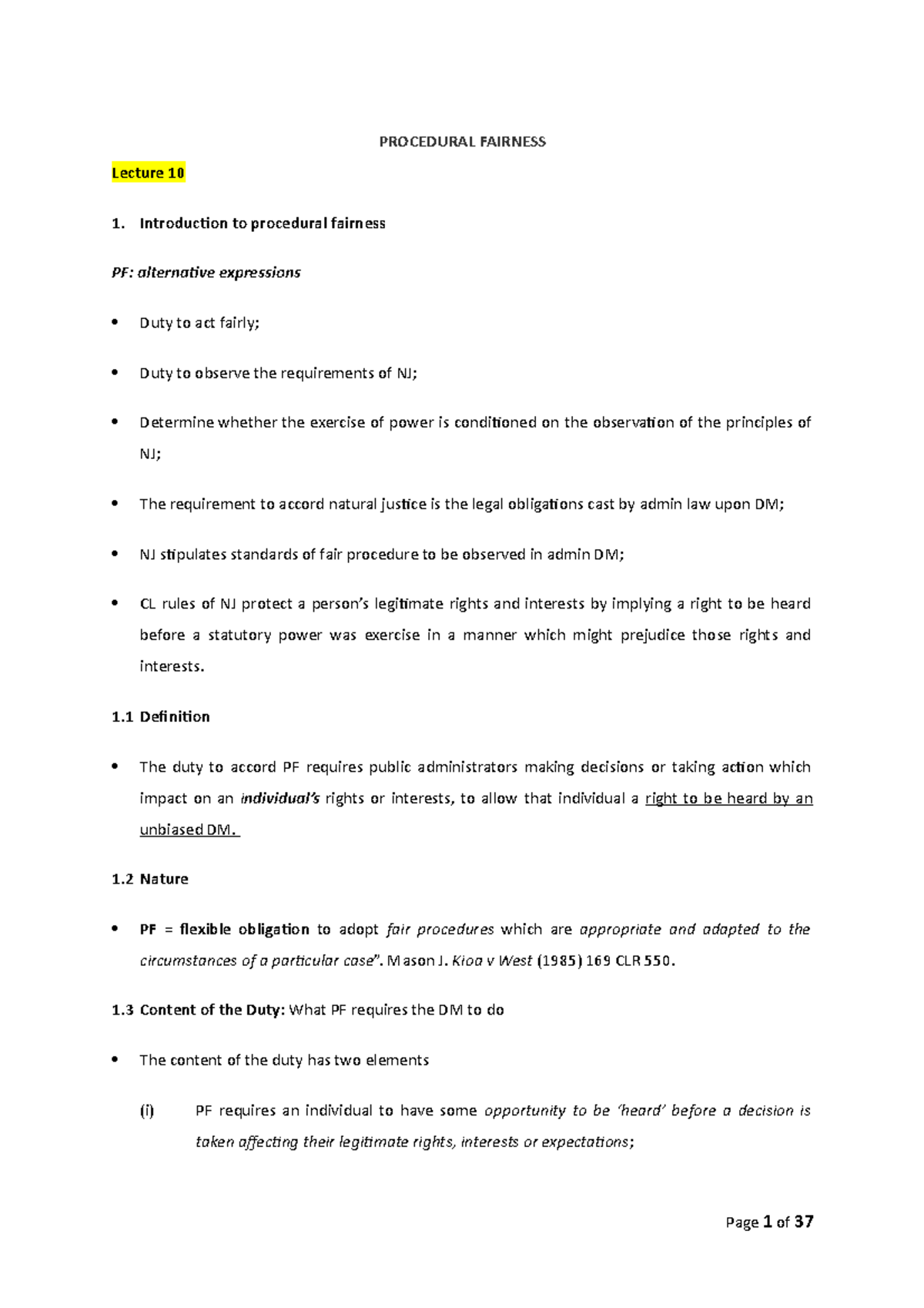 Procedure of Fairness - Exam Notes - PROCEDURAL FAIRNESS Lecture 10 ...