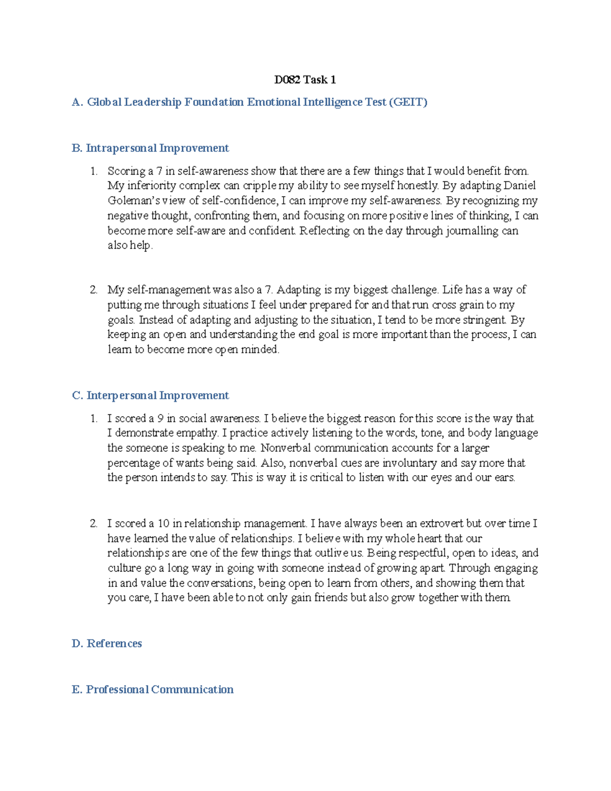 D082 Task One - passed - D082 Task 1 A. Global Leadership Foundation ...