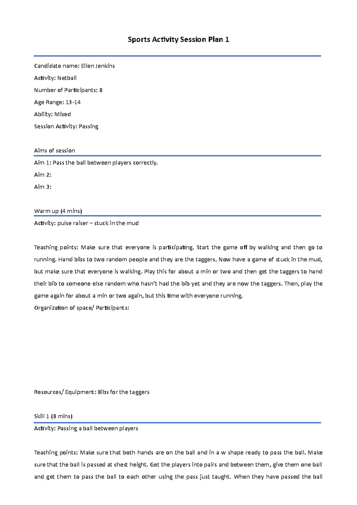 ESJ - session plan 1 - The - Sports Activity Session Plan 1 Candidate ...