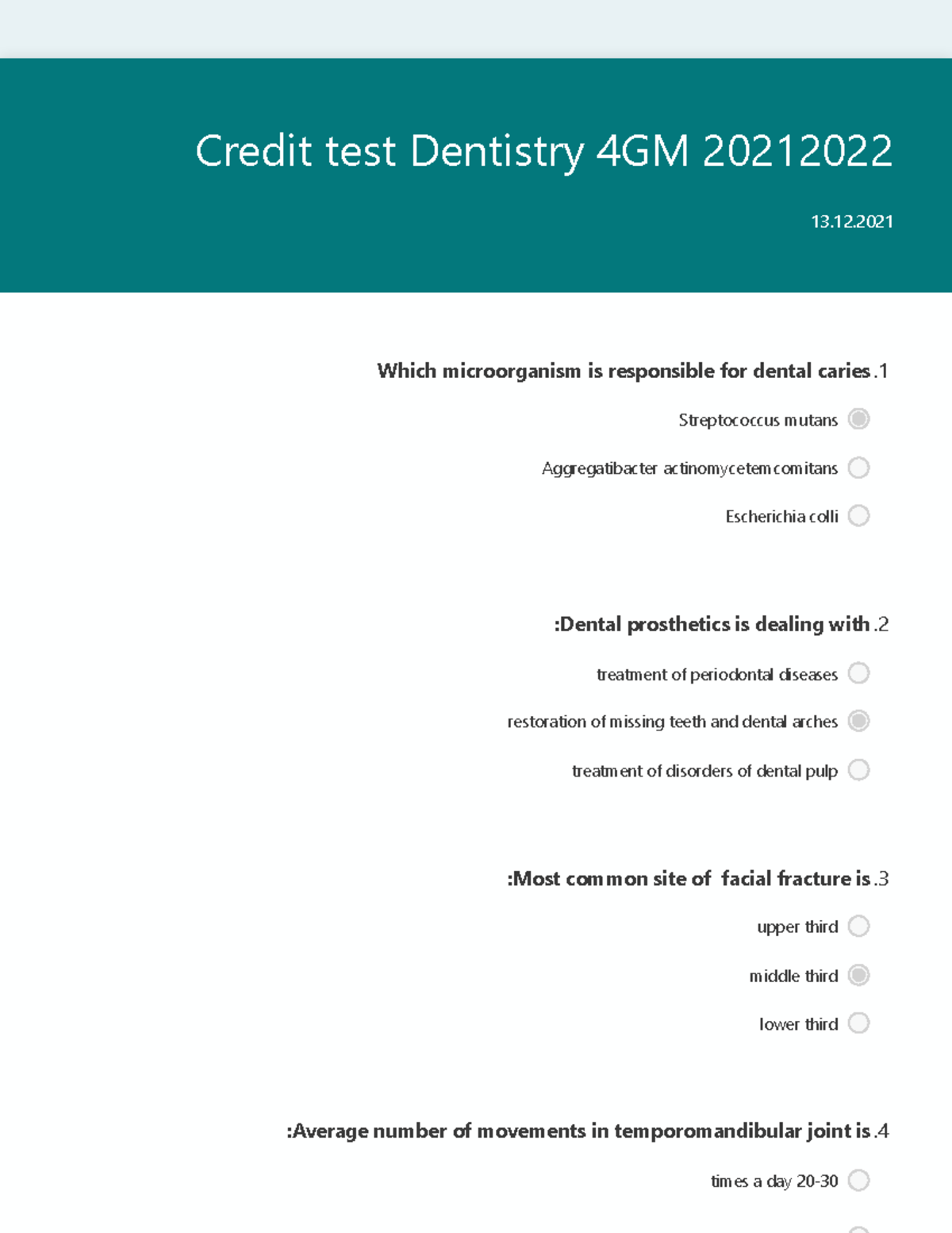 Credit test Dentistry 4GM 20212022 22 - Credit test Dentistry 4GM ...