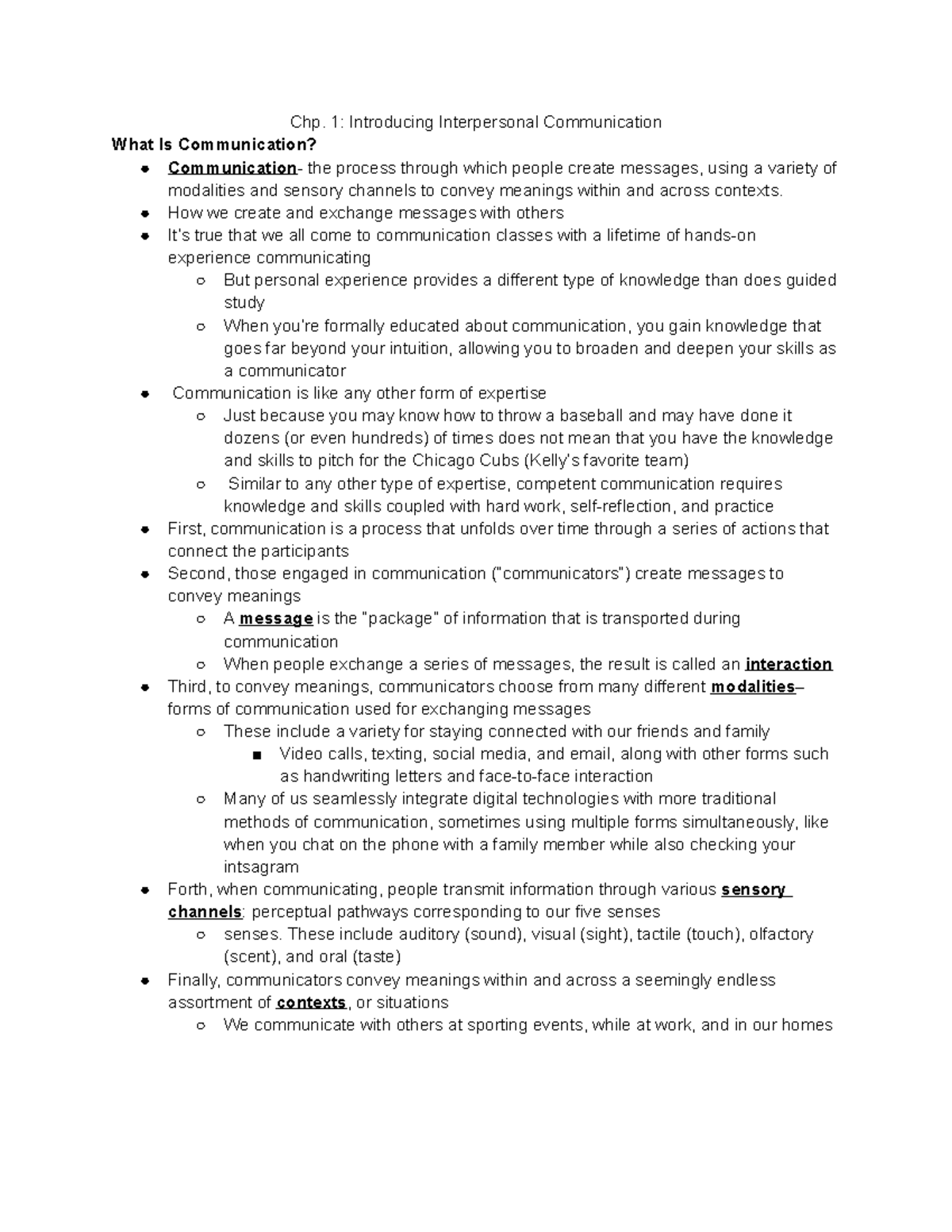 Week 1 Comm - Chapter 1 and 2 notes - Chp. 1: Introducing Interpersonal ...