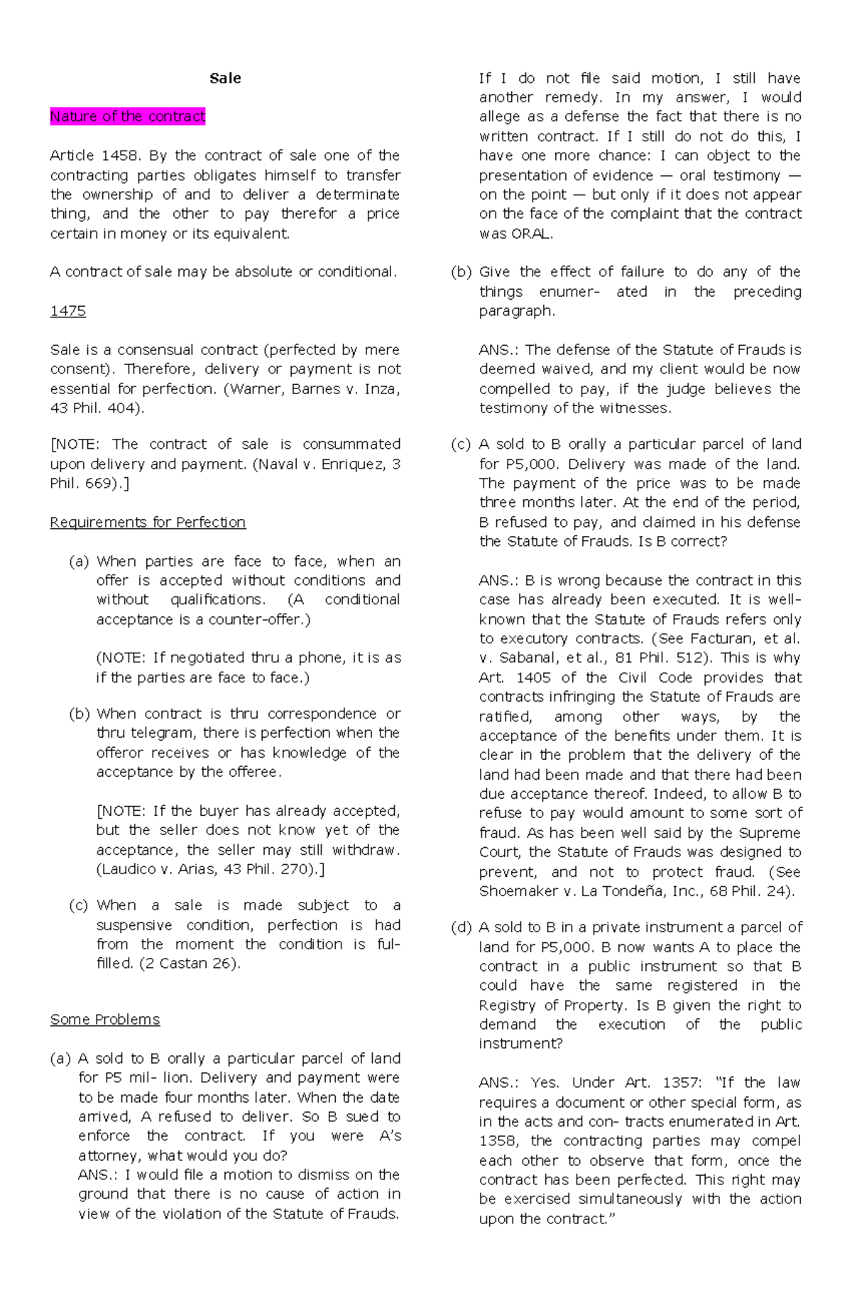 317564599-Final-Notes - Sale Nature of the contract Article 1458. By ...