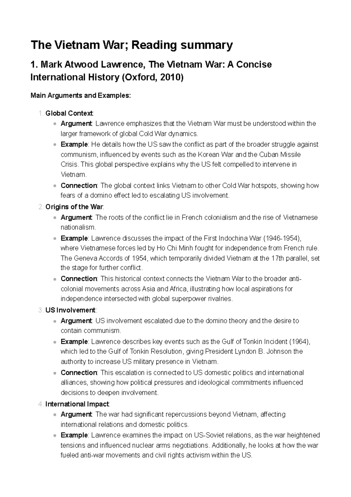 The Vietnam War; Reading summary - Mark Atwood Lawrence, The Vietnam ...