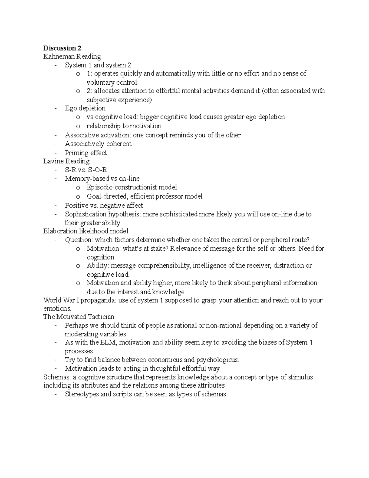 Discussion 2 - Lecture notes 2 - Discussion 2 Kahneman Reading - System ...