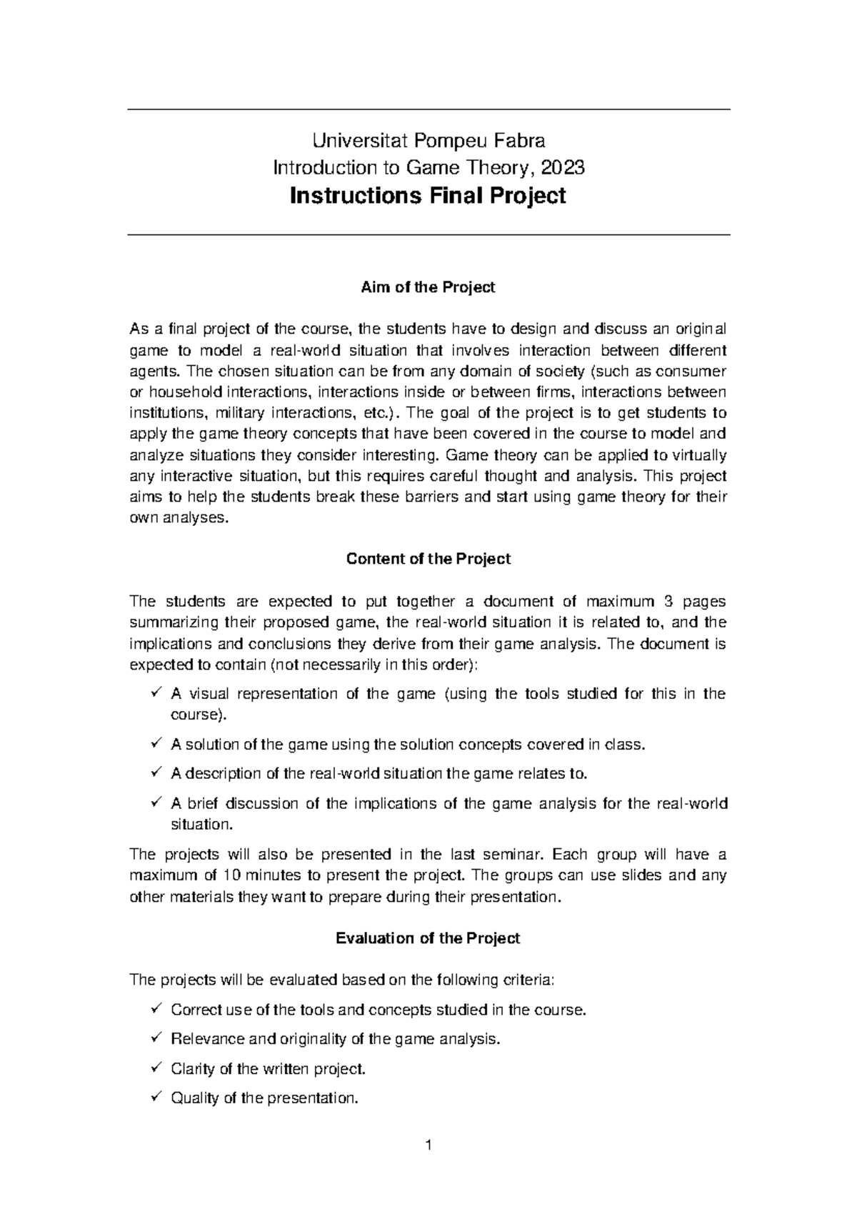 Instructions final project - 1 Universitat Pompeu Fabra Introduction to Game Theory, 2023 - Studocu