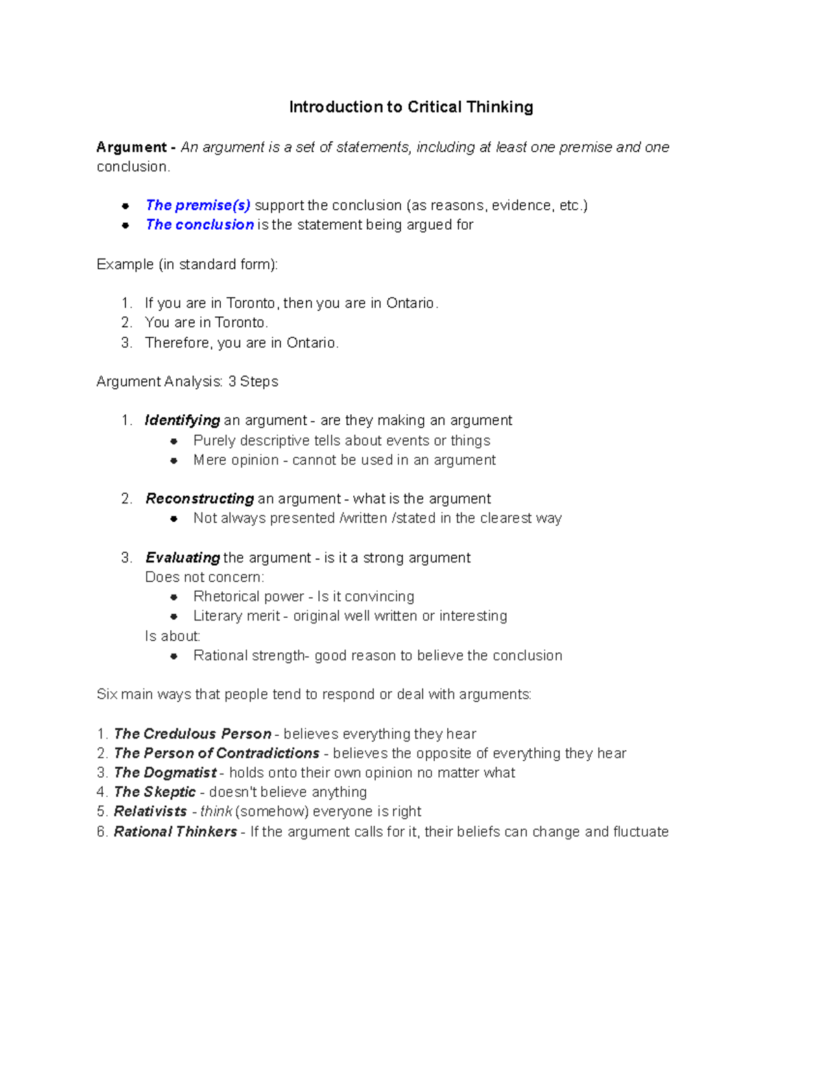 Ssh105 Lecture Notes Introduction To Critical Thinking Argument An Argument Is A Set Of