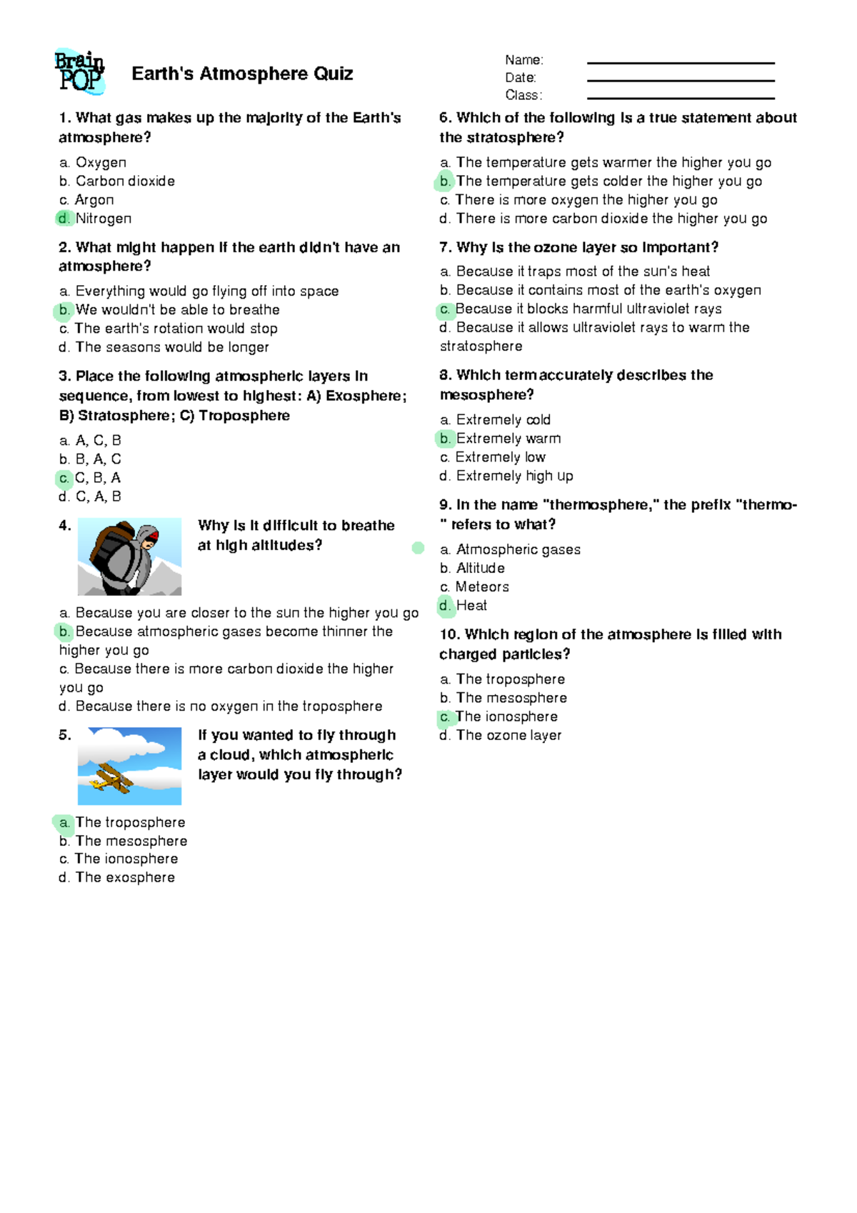 Brain POP - Earth's Atmosphere (1) (1) Answers - Earth's Atmosphere ...