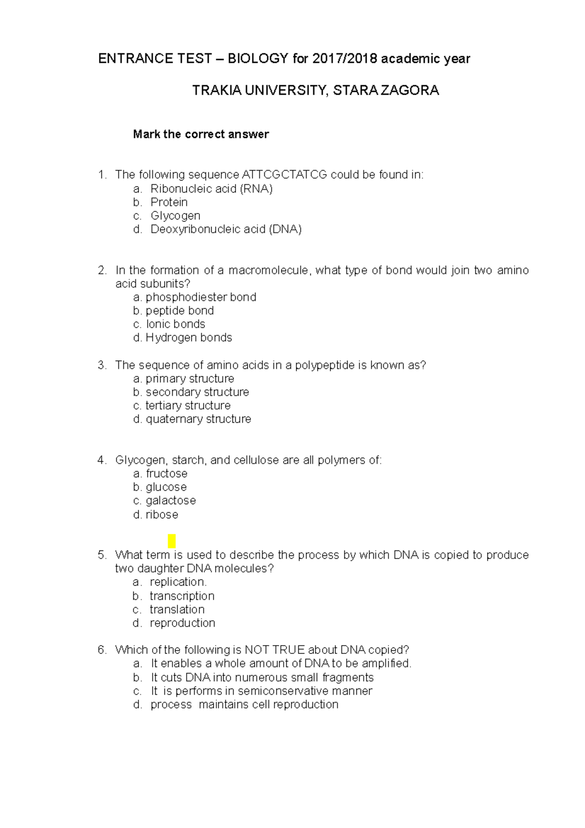 Biology entry test-2017-2018 - ENTRANCE TEST – BIOLOGY for 2017/2018 ...