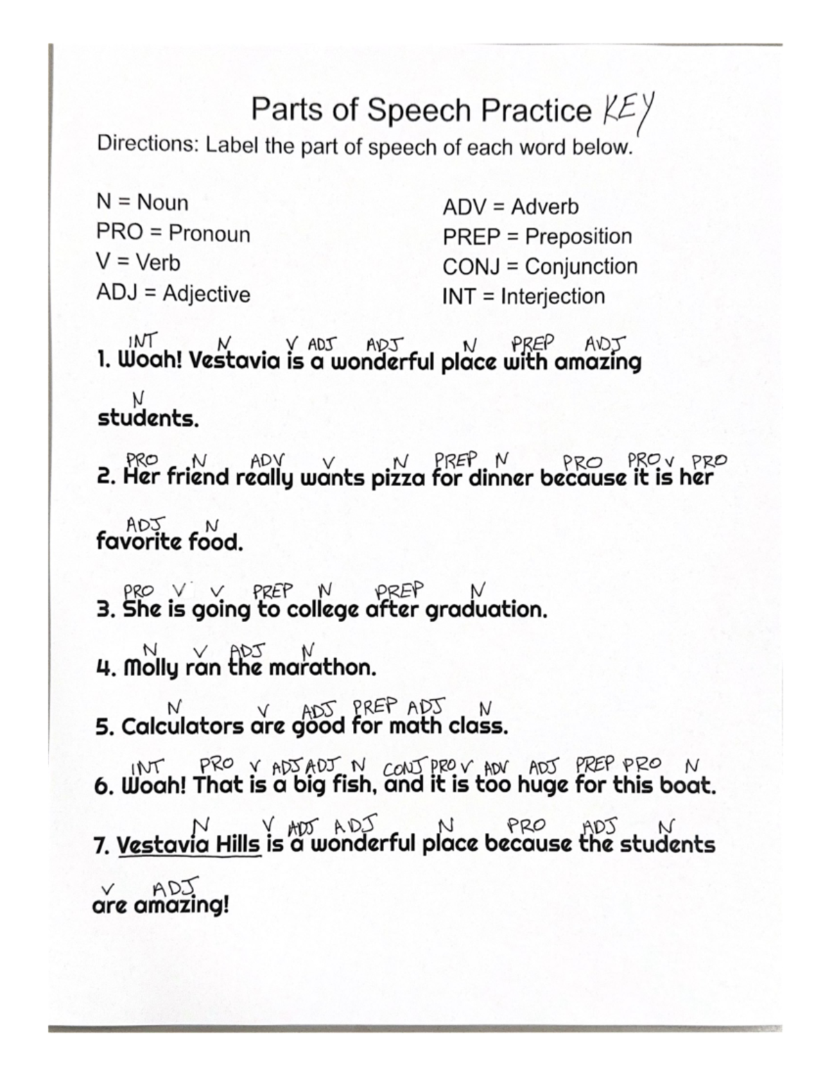 Parts of Speech Practice KEY - N Noun ADV Adverb PRO Pronoun PREP ...