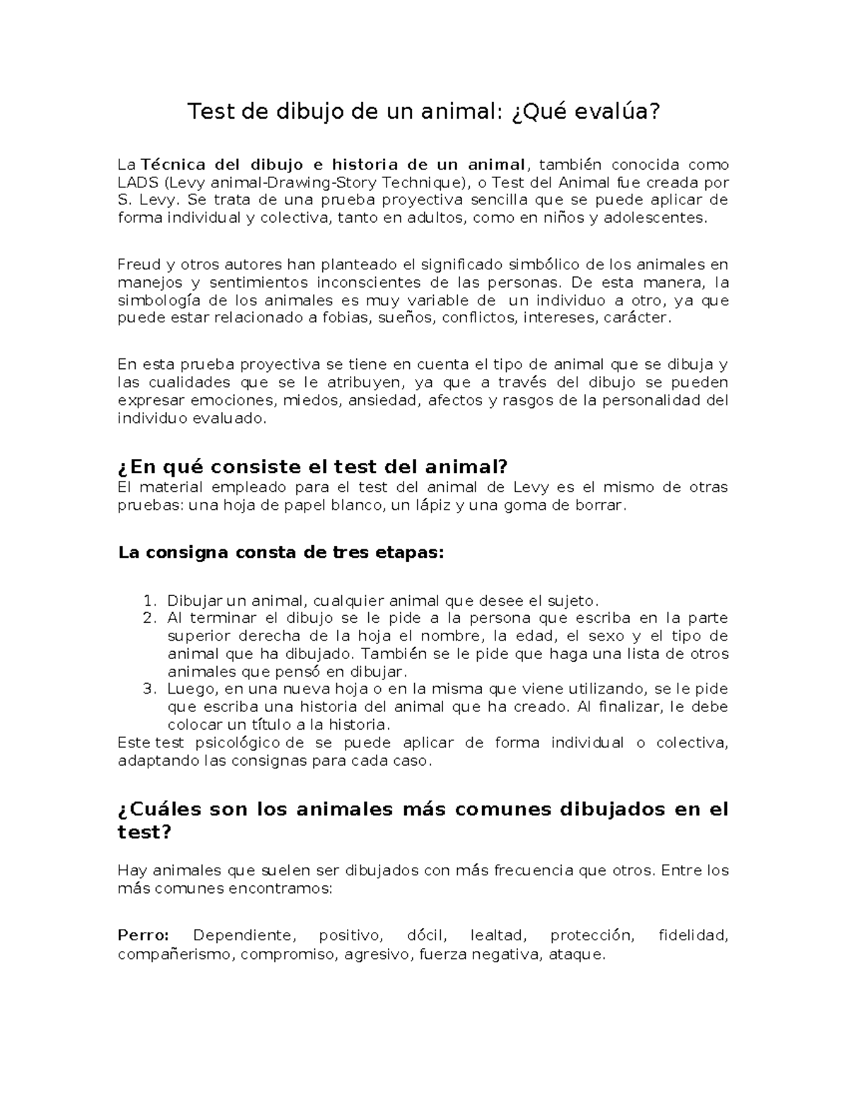 Test de dibujo de un animal - Levy. Se trata de una prueba proyectiva ...