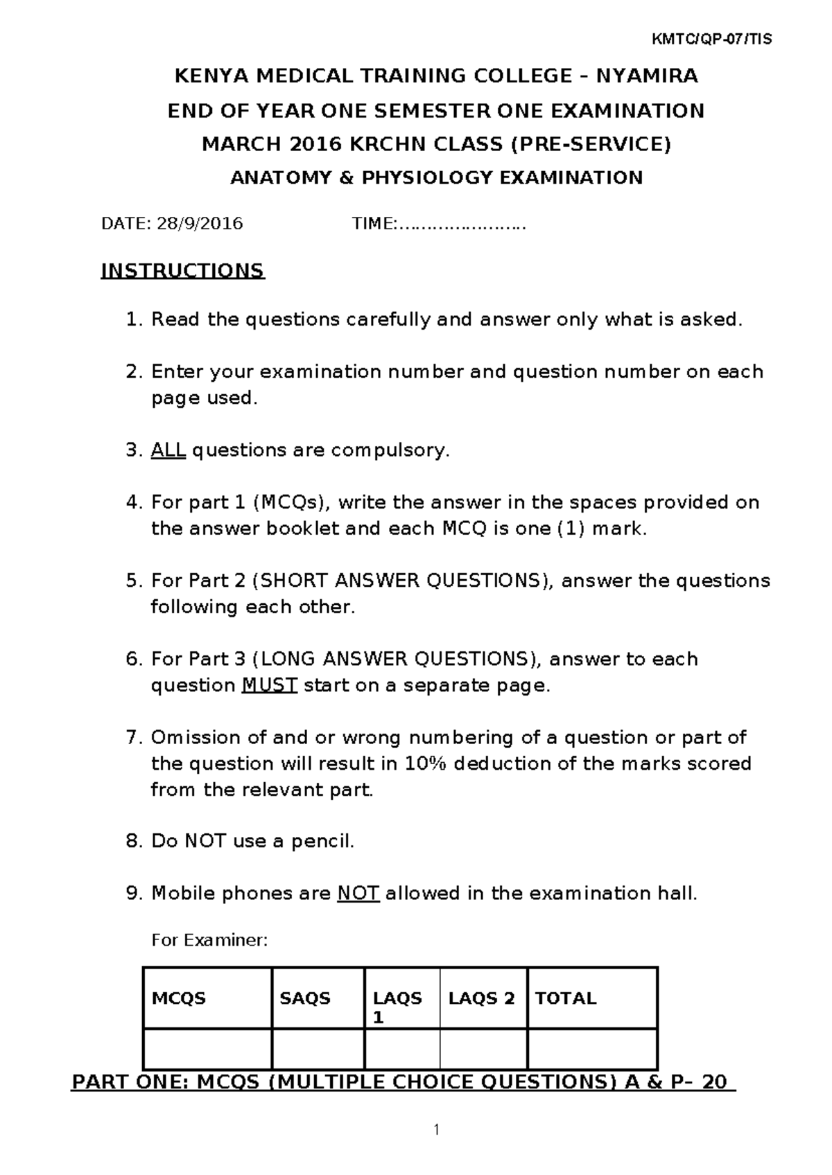 YEAR 1 SEM 1 Anatomy - educative - KENYA MEDICAL TRAINING COLLEGE ...