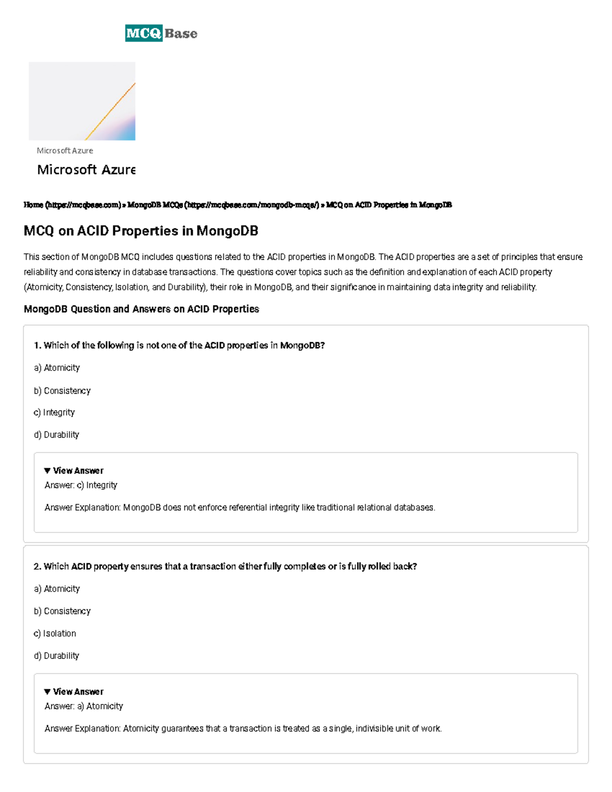 MCQ on ACID Properties in Mongo DB - MCQ Base - Microsoft Azure ...