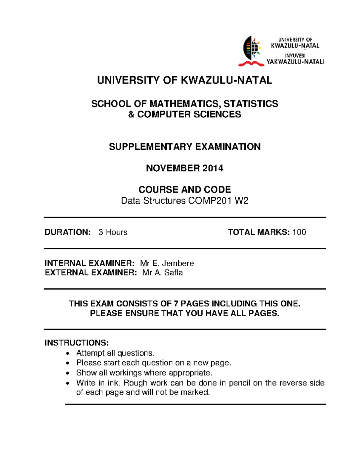 2014 COMP201 SUPP - Thank you - UNIVERSITY OF KWAZULU-NATAL SCHOOL OF ...