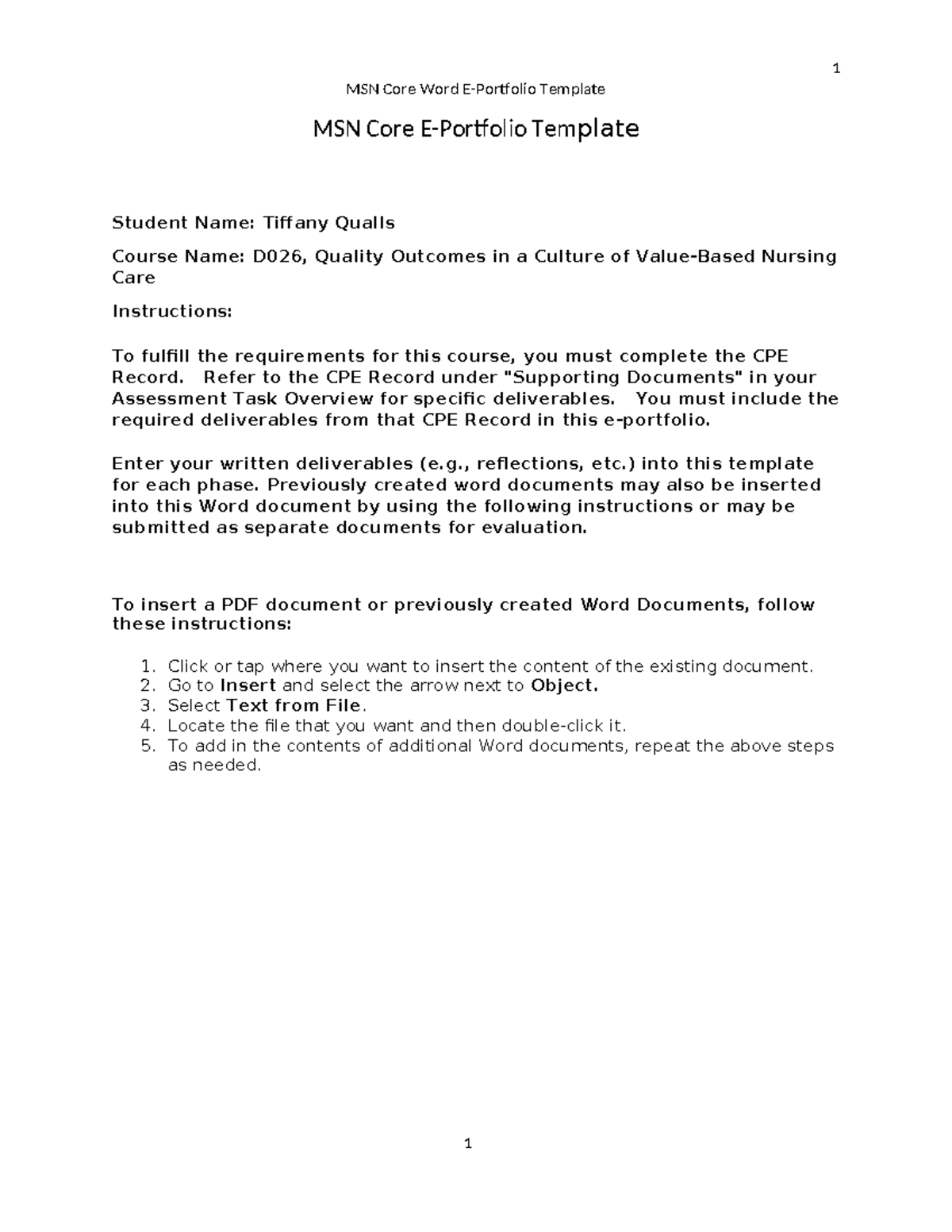 D026 MSN Portfolio Task 1 - MSN Core Word E-Portfolio Template MSN Core ...