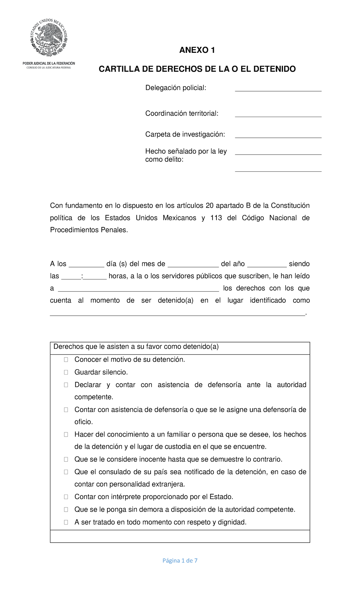 Derechos de la o el detenido - Warning: TT: undefined function: 32 ANEXO 1 CARTILLA DE DERECHOS ...